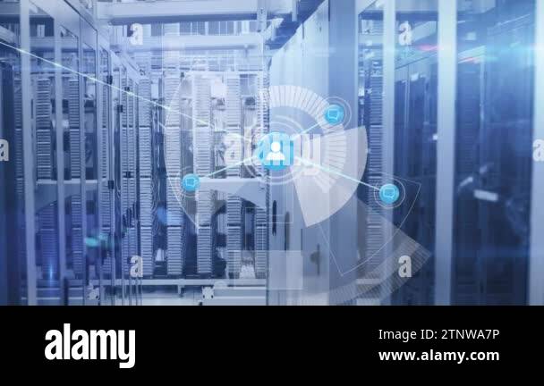 Animation of network of digital icons, round scanner and light spots against computer server ...