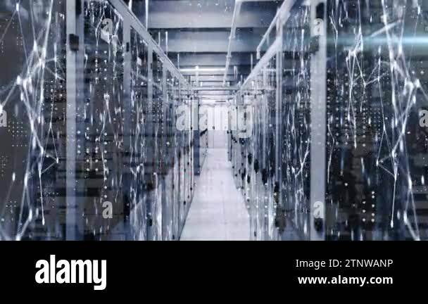 Animation of dots connected with lines and lens flares over server room ...