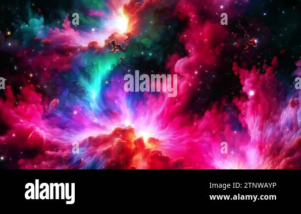 Loop space travel to abstract alien pink green blue nebula milky way in ...