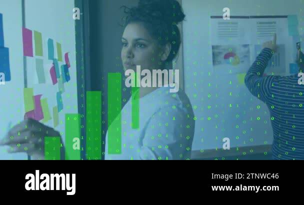 Animation of bar graph, falling binary codes over biracial woman ...