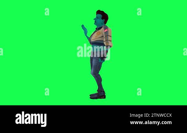 Rough blue 3D animation man waiting in hot weather from right angle on ...