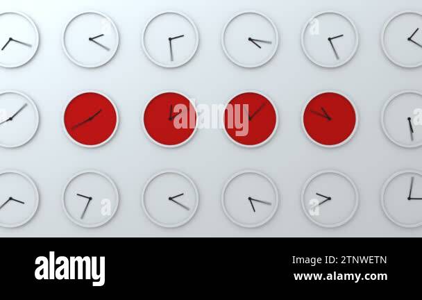 Many clocks on the wall, time flying fast, time zones, loopable ...