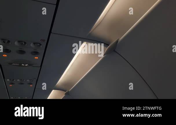 Aircraft cabin with smoke-like air vapor condensation. Water vapor ...