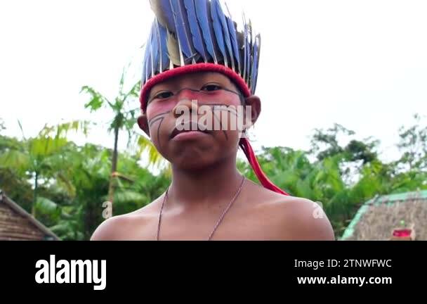 Native Brazilian Boy on a indigenous Tupi Guarani Tribe in Brazil Stock ...