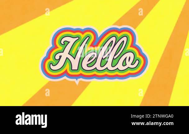 Animation of hello text banner against radial rays in seamless pattern ...