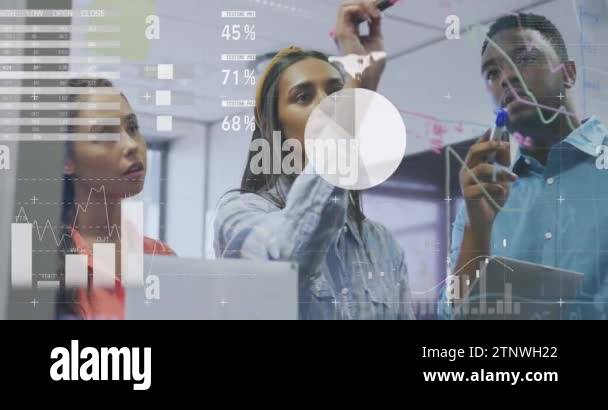 Animation of infographic interface over diverse coworkers discussing ...