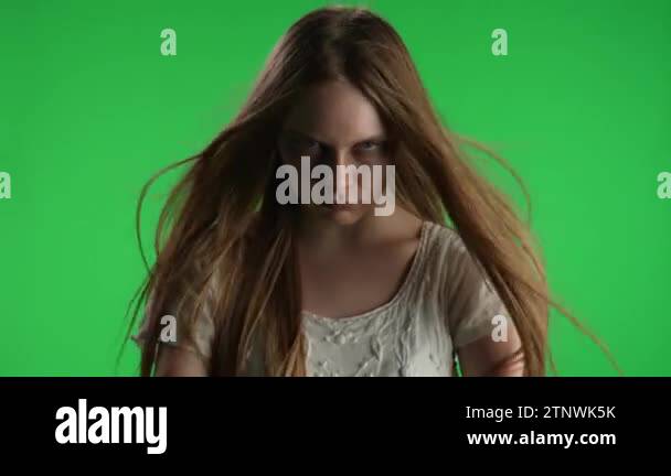 Medium green screen, chroma key video of a posessed female, woman ...