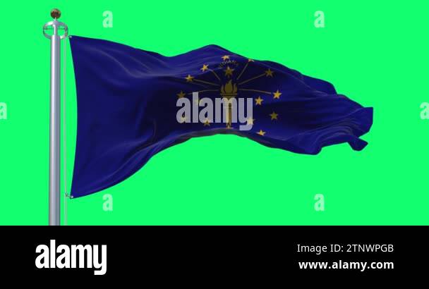 Indiana state flag waving isolated on a green background. Indiana is a ...
