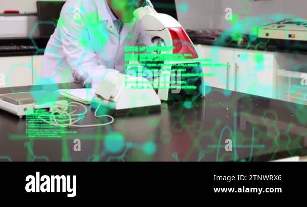 Animation of computer language and molecule structure over biracial scientist using microscope ...