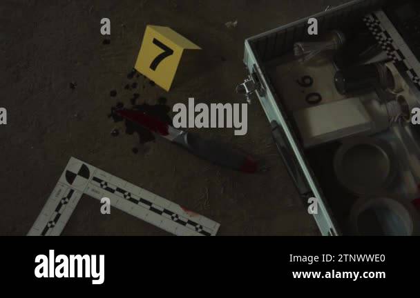 Top pan shot of knife, blood stains, scale ruler, marker, and forensic ...