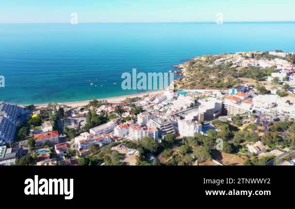Aerial footage of the beautiful town of Albufeira in Portugal, showing ...