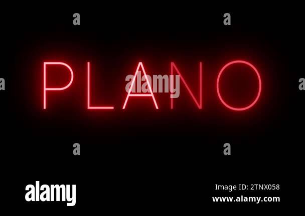 Red flickering and blinking animated neon sign for the city of Plano ...