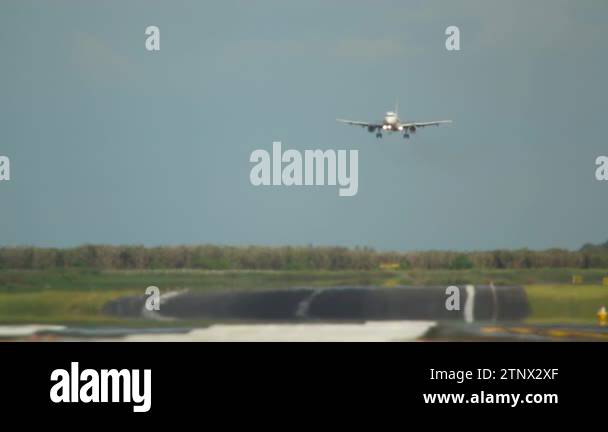 Footage of aircraft landing, touching and braking. Airplane arriving ...