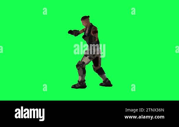 3d man warrior punching and fighting from right angle on green screen ...