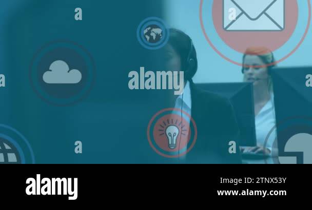 Animation of icons, female caucasian service representative talking ...