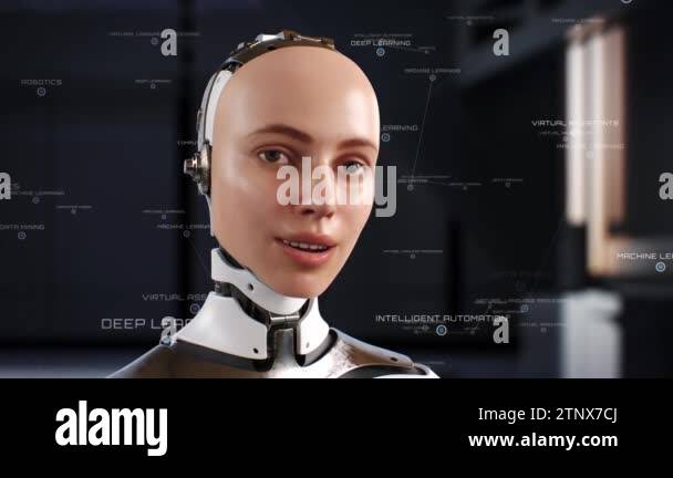 Female AI robot talks, looks at camera. Realistic 3D computer generated humanoid cyborg in ...