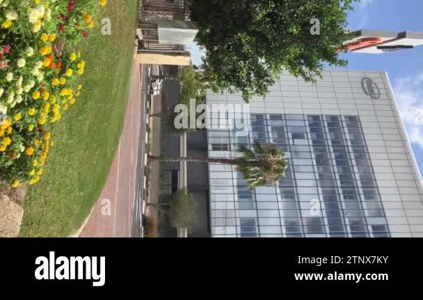 Intel logo on a glass building. Tech company headquarters in Israel ...