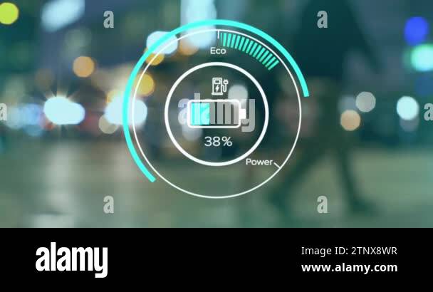 Animation of speedometer with changing numbers and battery icon, blurred people crossing street ...