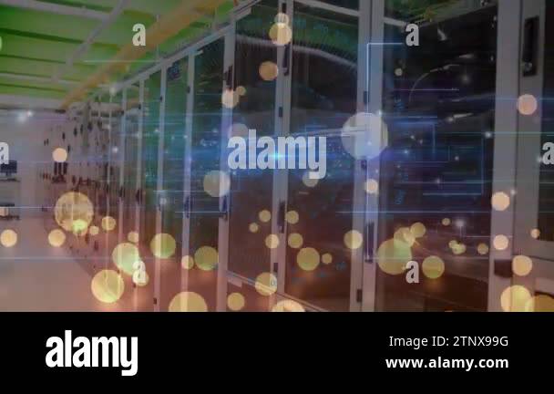 Animation of hud screens and lens flares moving over server room ...