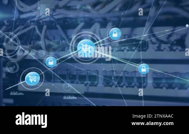 Animation of connected icons over wires connected to back panel of data ...