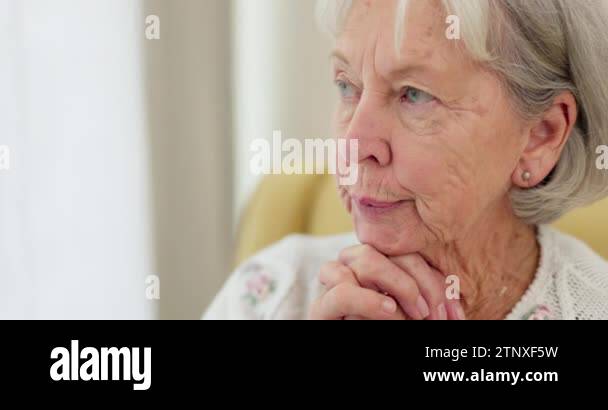 Senior woman, sad face and thinking at home with hands on chin to ...