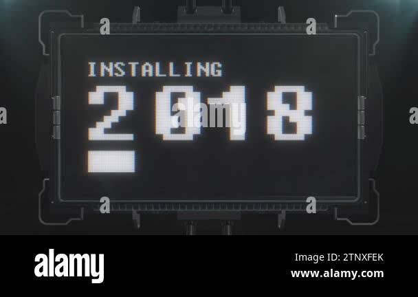 retro videogame installing 2018 text on futuristic tv glitch interference screen animation ...