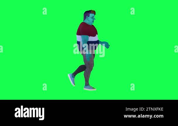 Fat blue animated man walking from left angle on green screen 3D people ...