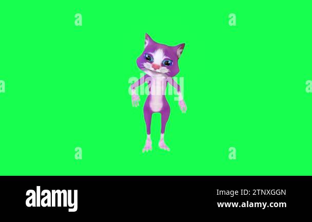 Purple animated cat break dancing from front angle on green screen 3D ...
