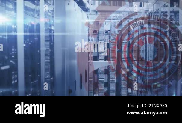 Animation of loading circles and bars on data server racks in server room. Digital composite ...