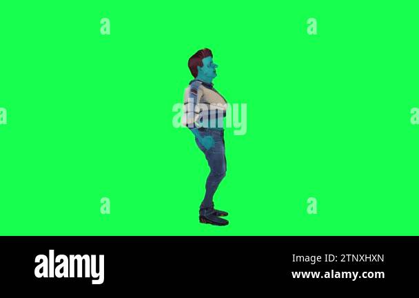 Blue spaceman rejoicing after victory from left angle on green screen ...