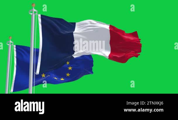 France and European Union flags waving isolated on green background ...