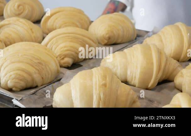 close up to a tray full with fresh french croissant hommade style while ...