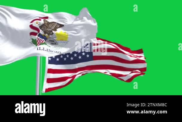 Illinois state flag waving along with the national flag of the United ...
