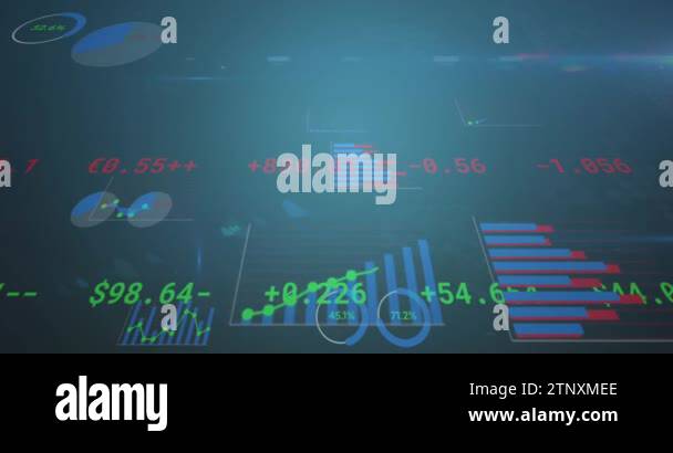 Animation of changing numbers over multiple graphs and trading board over blue background ...