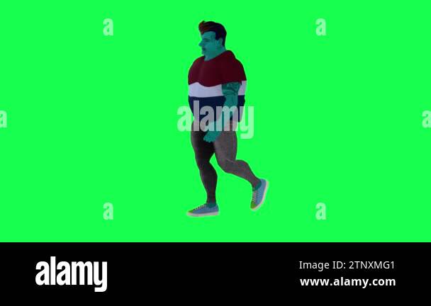 Blue animated man walking from right angle on green screen 3D people ...