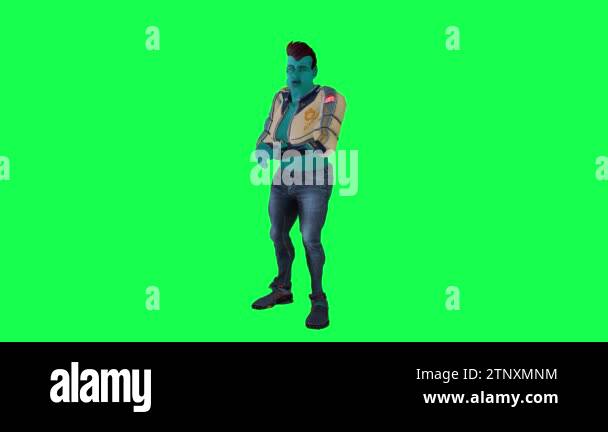 Blue 3D cartoon mercenary man takes out his gun and puts it back in ...