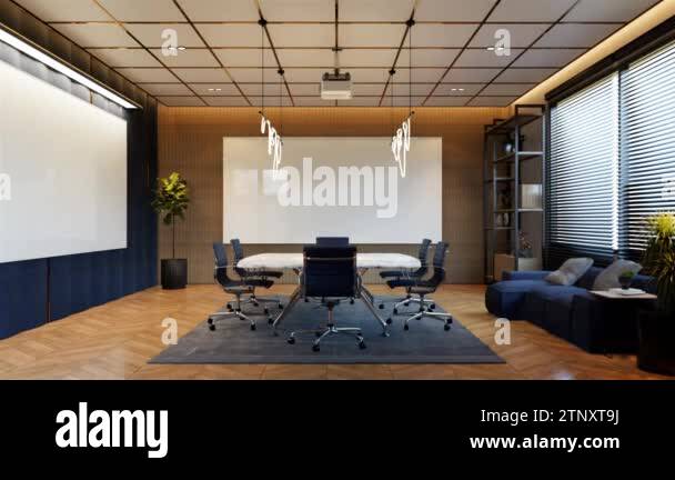 Modern conference interior animation and screens on the wall. The ...