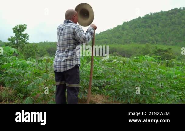 Male, adult, farmer, walking holding a shovel, looking after the farm ...