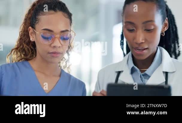 Paperwork, tablet and doctors team with medical charts, hospital schedule or planning admin and ...