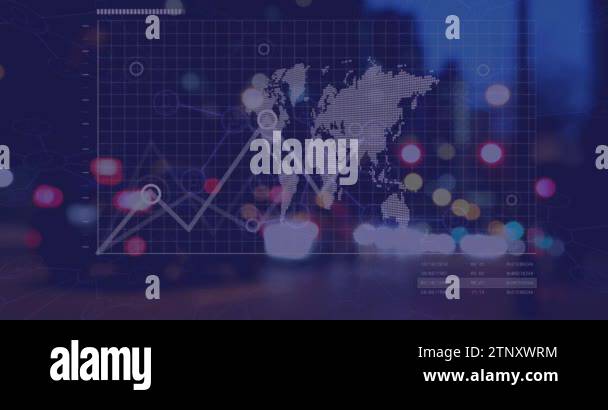 Animation of graphs, loading bars and rotating map over blurred ...