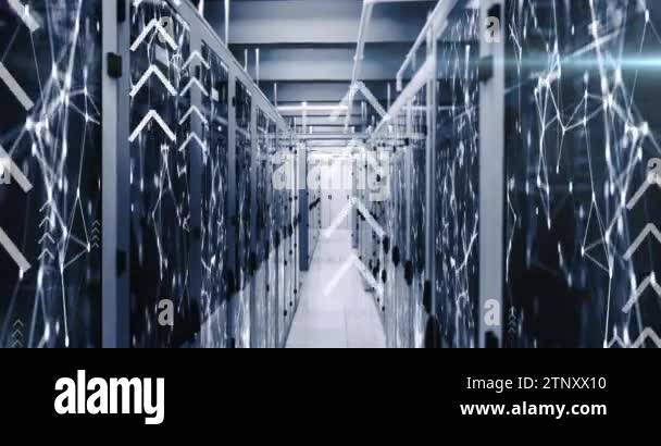 Animation of arrows over connected dots on data server racks in server room. Digital composite ...
