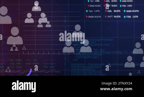 Animation of icon flowcharts, graphs, trading boards and computer language over black background ...