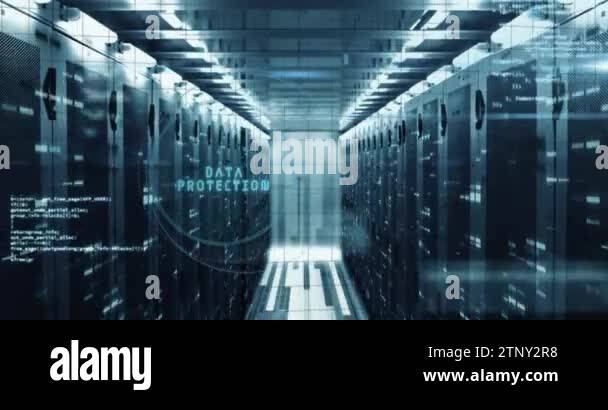 Animation of fingerprint, data security text, icons and computer language over data server room ...