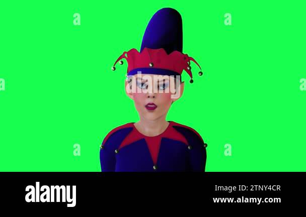 New Year's elf in red blue dress talking from opposite angle on green ...