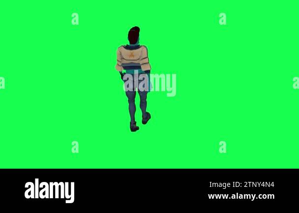 Blue animated man walking down the street on green screen 3D people ...