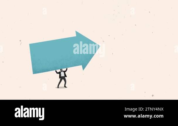 Stop motion, animation. Businessman, office worker holding huge arrow ...