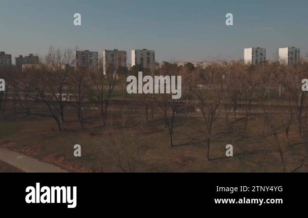Subway train, aerial. Subway cars arrive on the platform. The subway ...