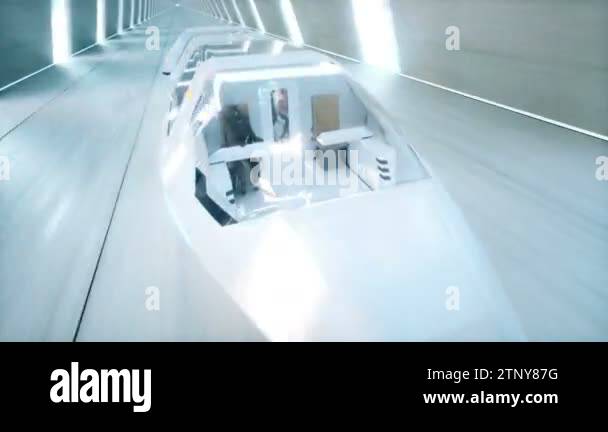 Futuristic Flying Bus With Peoples Fast Driving In Sci Fi Tunnel Coridor Concept Of Future