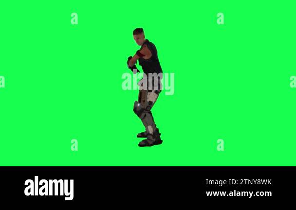3D zombie warrior man pulls out his gun and shoots from right angle on ...