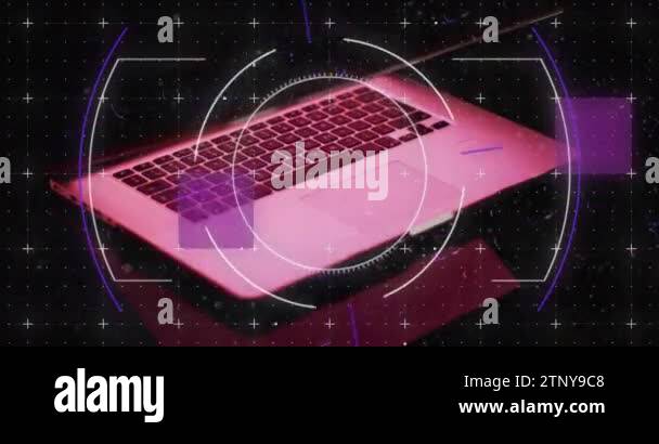 Animation of scope scanning and data processing over laptop with blank screen. Global digital ...